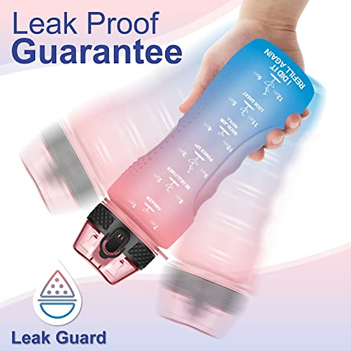 AIDEAMART 24 OZ Motivational Kids Water Bottle With Time Marker,Straw Lid&Chug Lid, Leak Proof, Tritan BPA Free Sports Water Pink-Blue(2 Lid)