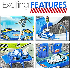 Diecast Police City Station Parking Garage - Police Car Toys for Boys with Track, Garage, 3 Police Car Toy Vehicles, 1 Helicopter