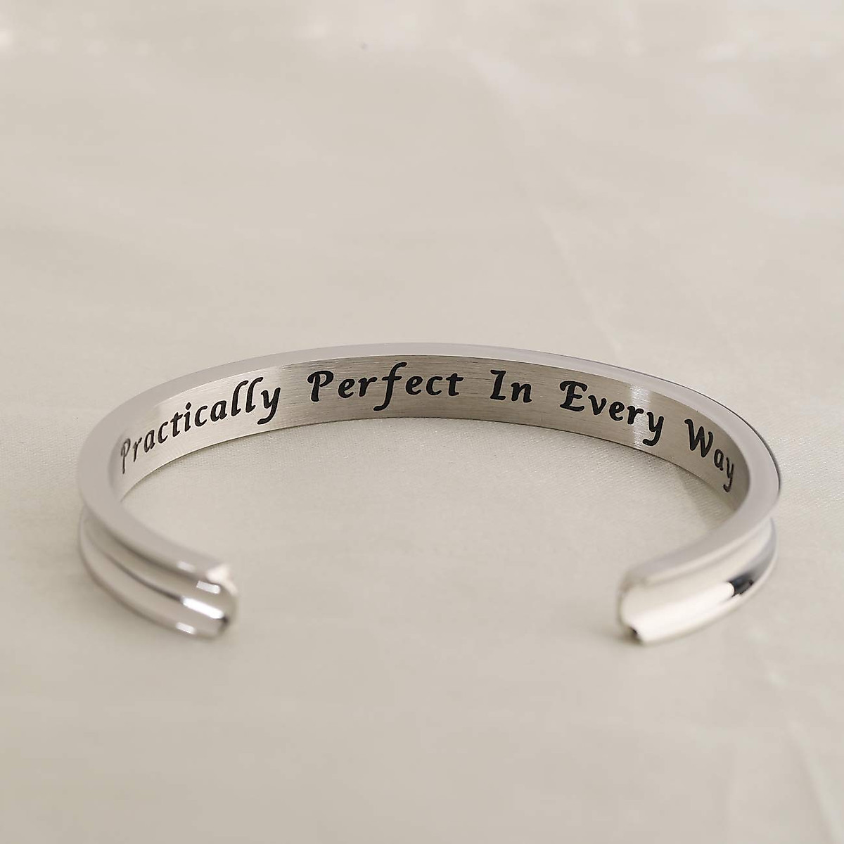 WUSUANED Mary Poppins Quote Practically Perfect in Every Way Hair Tie Grooved Cuff Bangle Bracelet Mother Daughter Friendship Gift (practically perfect in every way silver)