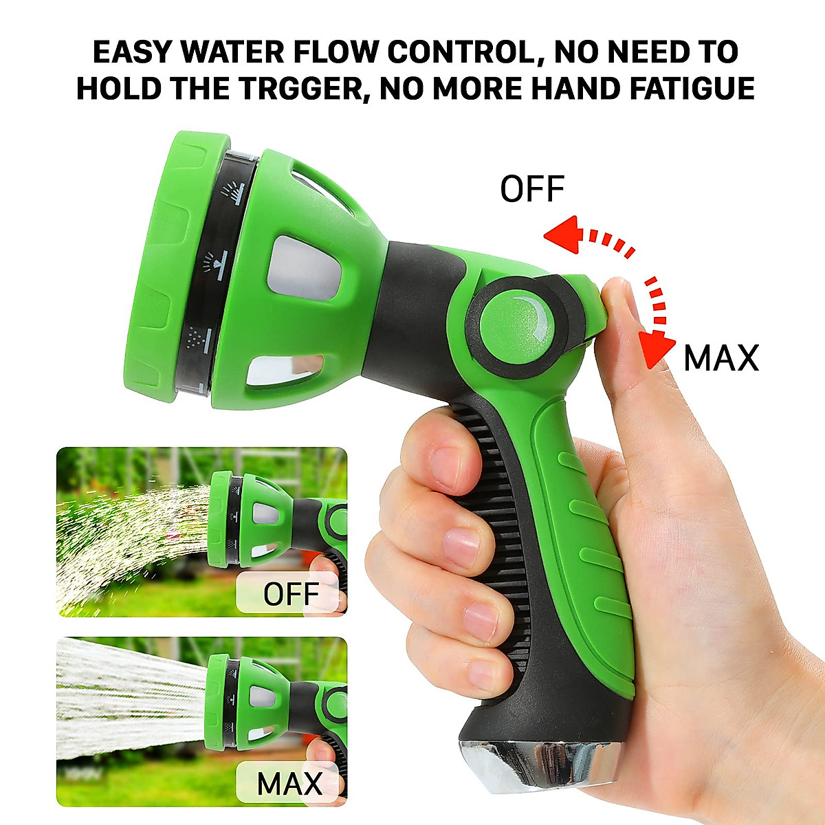 Garden Hose Nozzle, 10 Patterns Metal Water Hose Nozzle Heavy Duty Hose Spray Nozzle with Thumb Control for Watering Lawns,Car Washing,Bathing Pets Green