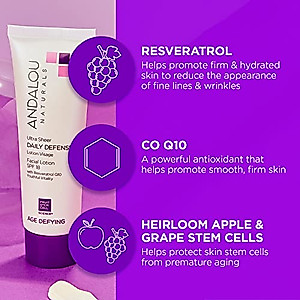 Andalou Naturals Ultra Sheer Daily Defense Facial Lotion, SPF 18, 2.7 oz, with Resveratrol CoQ10 and Antioxidants, Lightweight, Hydrating Facial Moisturizer