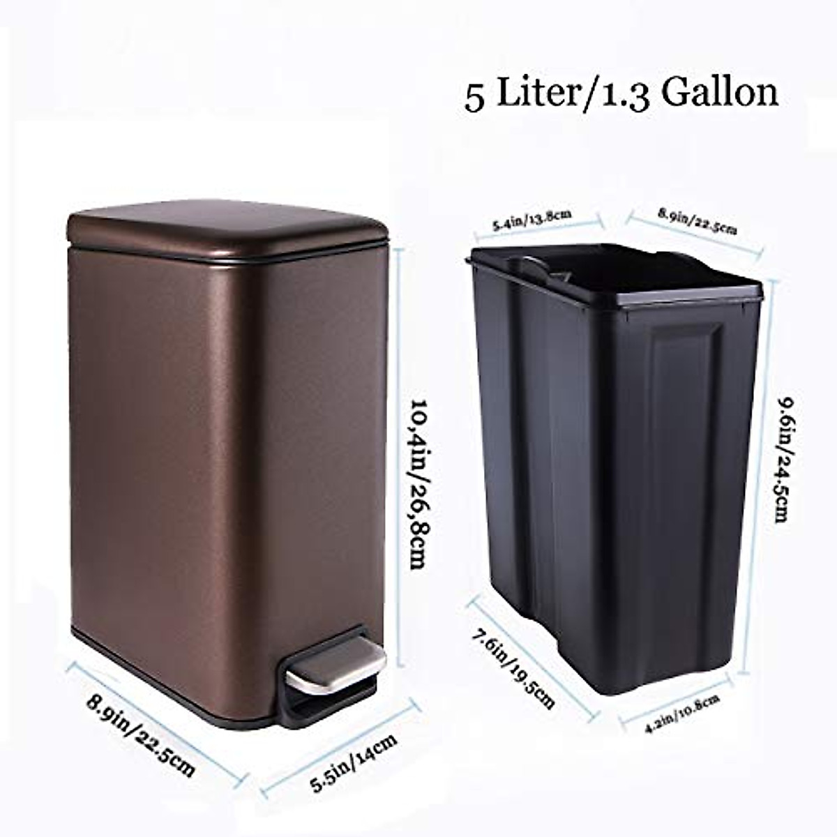 CLTEC 5 Liter/1.3 Gallon Bathroom Trash Can with Lid Soft Close, Removable Inner Waste Basket, Rectangular Slim Small Garbage Can for Bedroom Office, Narrow Step Trash Bin, Dark Bronze Finish