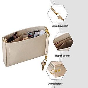 Soyizom Toiletry Pouch 19 26 Bag Organizer Insert for Cosmetics Tidy Organizer,Felt Purse Organizer Insert Ladies Tote Handbag Liner Pocket Organizer with Keychain & Gold Buckle & Zip(Large-26,Beige)