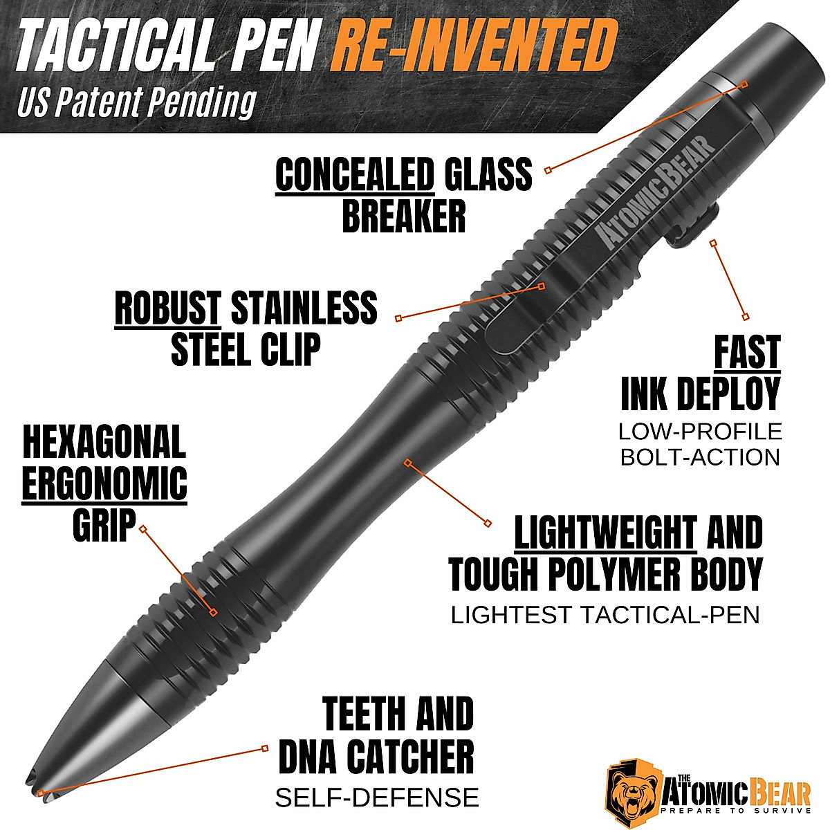 The Atomic Bear Stealth Pen Pro Tactical Pen for Self Defense - Enhanced Writing Survival Pen with Glass Breaker to Escape & Defend - Bonus Training to Protecting Yourself - Great Gift for Men