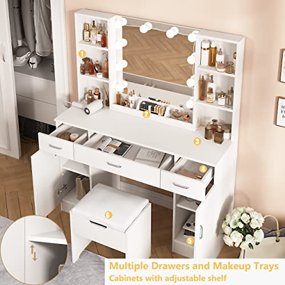 Vabches Makeup Vanity Desk with Lights, 3 Lighting Colors, White Vanity Set Makeup Table with 3 Drawers, 2 Cabinets & Multiple Shelves, Large Vanity 45.2in(L)