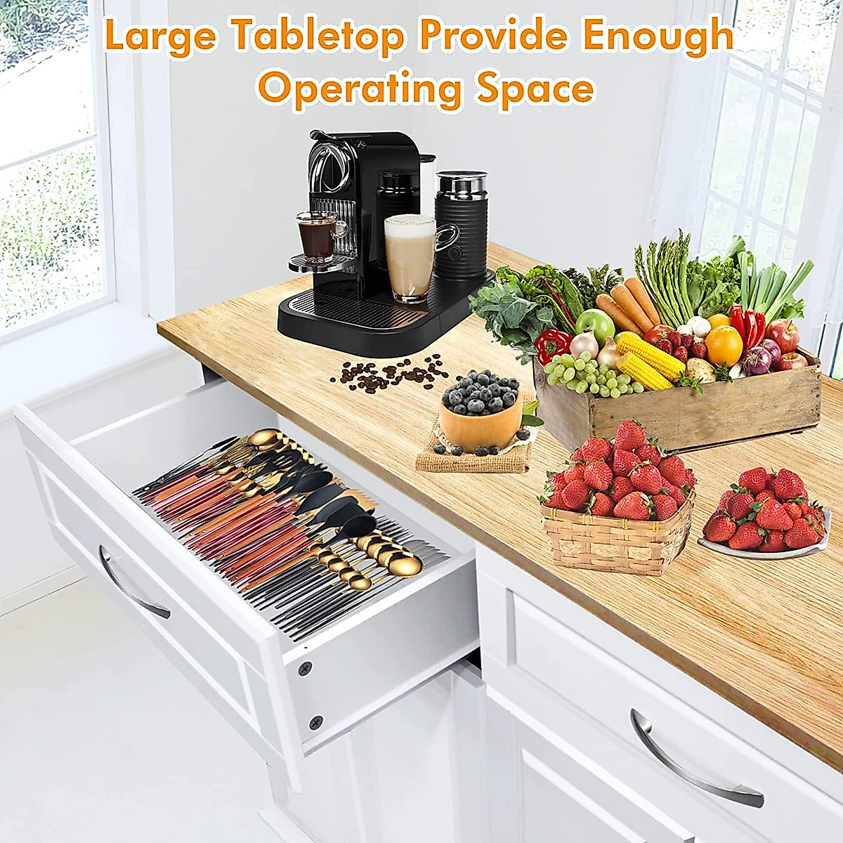 Pliwier Kitchen Island Cart on Wheels with Cabinet, Rubberwood Countertop, Lockable Casters, Adjustable Shelves, Kitchen Storage Islands for Dining Room, L48xW18xH36 Inches, Easy Assembly