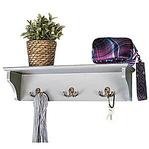 EXCELLO GLOBAL PRODUCTS Hand Painted 24 by 6 in Wooded Wall Mounted Hanging Entryway Shelf with 6 Hooks, Grey