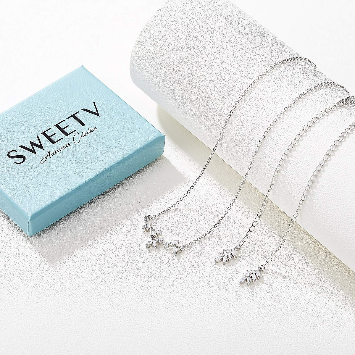 SWEETV Crystal Wedding Bridal Backdrop Necklace for Brides, Cubic Zirconia Dainty Vine Back Pendant Necklace for Women, Bridesmaid Gift