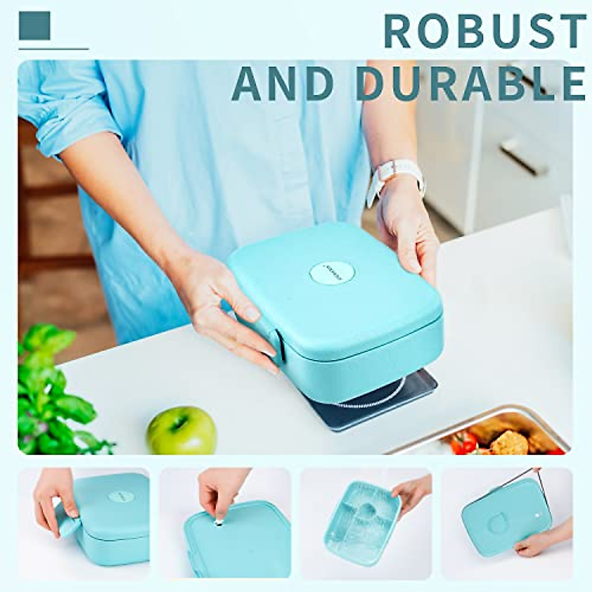 ANDMOON Bento Lunch Box with Kids/Adults, 5 Compartments Leakproof Lunch Container with Dressing Cup, Eco-Friendly Double Insulated Boxes, Dishwasher and Microwave Safe, BPA-Free (blue)