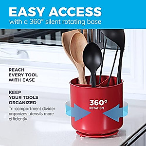 Extra Large Rotating Red Utensil Holder with Sturdy No-Tip Weighted Base, Removable Divider, and Gripped Insert | Rust Proof and Dishwasher Safe Kitchen Utensils Holder by Cooler Kitchen 7*7 Inches