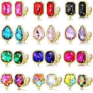 12 Pairs Clip on Earrings for Women Vibrant Color Birthstone Fake Earrings Glittering Clip-on Earrings Set for Women