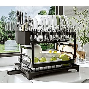 Hovshelf Dish Racks for Kitchen Counter, Dish Drying Rack with Drainboard, 2 Tier Dish Drainers for Kitchen Counter(Black)