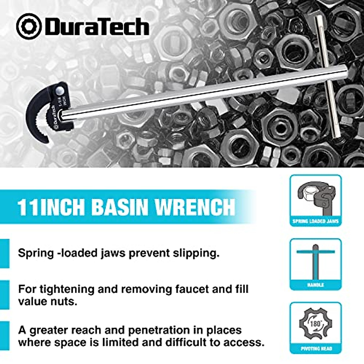 DURATECH 11-Inch Basin Wrench, Sink Wrench, Adjustable 3/8'' to 1-1/4'' Capacity Upgrade Jaw, for Tight Space