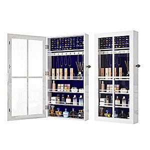 FREDEES Jewelry Holder Organizer for Earrings Ring Necklace Bracelets, 4-Tier Wooden Jewelry Cosmetic Storage and Display Case, Lockable Hanging Wall Jewelry Armoire Box Cabinet Tray, White