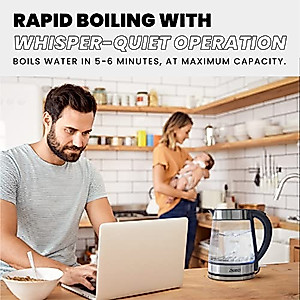 Zeppoli Electric Kettle - Glass Tea Kettle & Hot Water Boiler/Heater-Auto Shutoff (1.7L) & Boil-Dry Protection-Electric Tea Kettle Cordless & Portable with LED Indicator-Stainless Steel Lid & Bottom