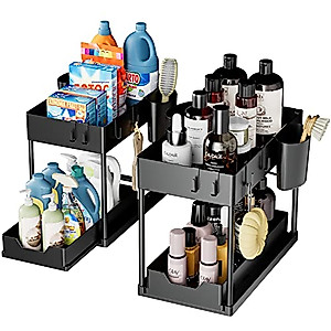 2Pcs Under Sink Organizers and Storage, Pull Out Cabinet Organizer 2-Tier Under Sliding Cabinet Basket Organizer Drawer with Hooks, Hanging Cup, Multi-purpose Storage Shelf for Bathroom Kitchen, Black