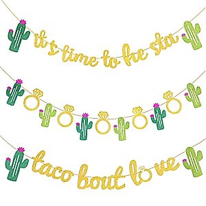 3 Pieces Mexican Fiesta Glitter Banner Taco Bout Love It's Time to Fiesta Cactus Pattern Garland Flag for Baby Shower Bridal Wedding Engagement Party Decorations