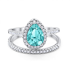 Blue Apple Co. Simulated Paraiba Tourmaline CZ Size-5 Teardrop Pear Bridal Set Wedding Engagement Ring Band Round Simulated Cubic Zirconia 925 Sterling Silver