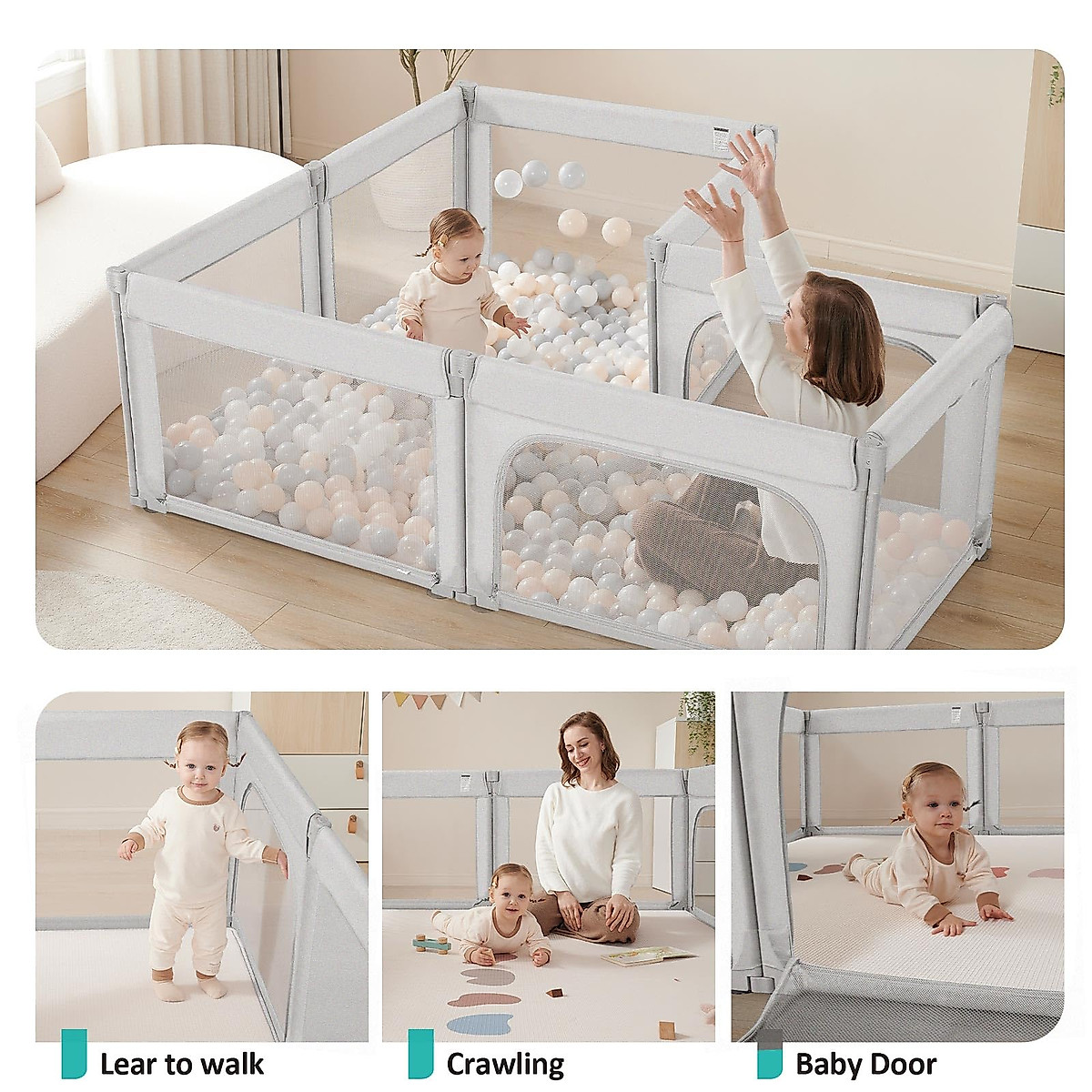 Doradotey Baby Playpen, Shape Adjustable Large & Small Playard for Toddlers, Foldable Playpen Baby Fence Indoors Play Center Yards, Breathable Mesh Anti-Fall Play Pens(71x79 Grey)