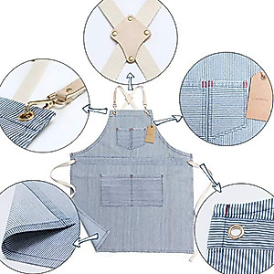 Jeanerlor Blue Striped Denim Aprons for Women and Men - Jean Cross Back Apron Adjustable Neck Unisex with 4 Pockets for Barista, Chef, Barber, Painter and Gardener, Adjustable M to XXL