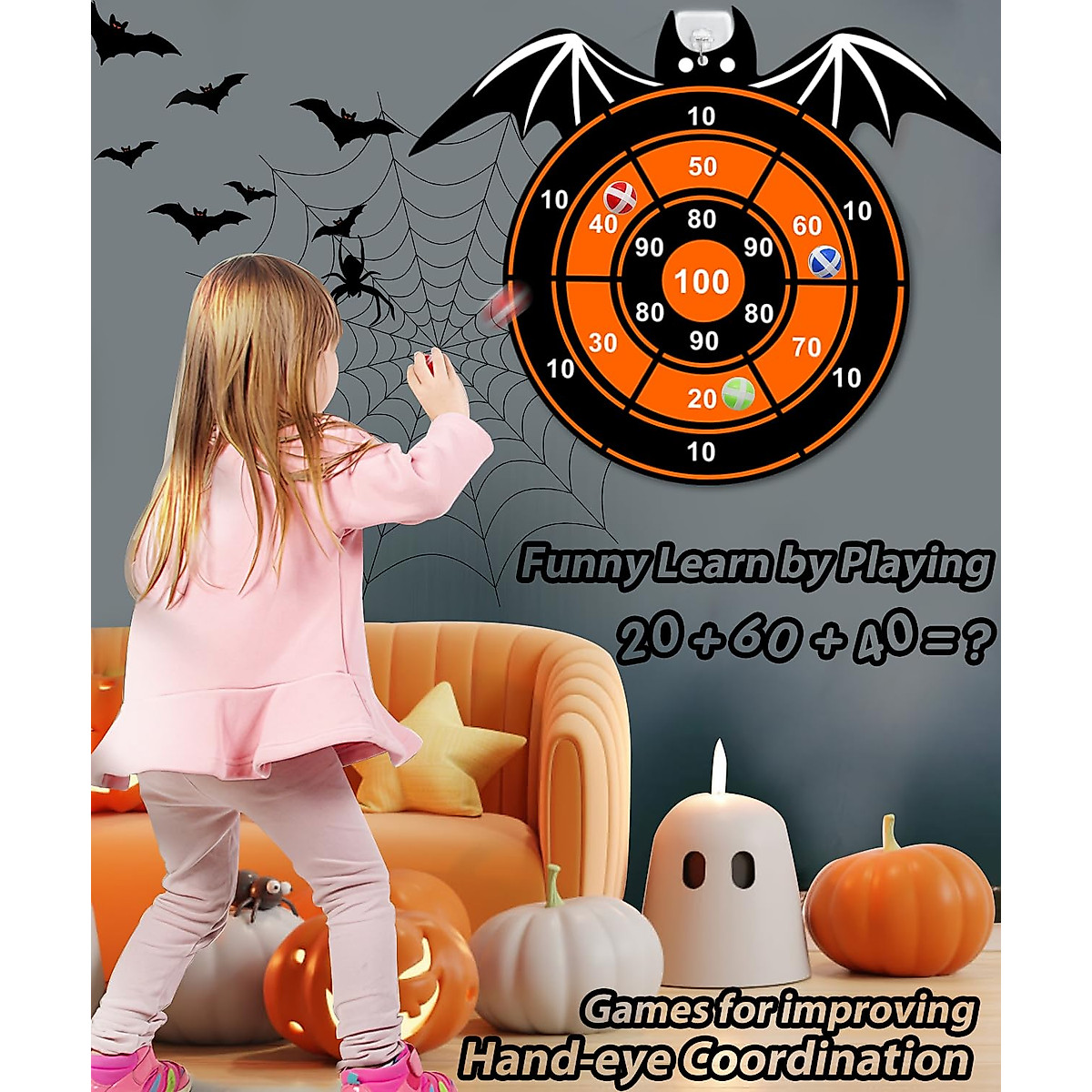 Halloween Party Games Toys for Kids, Large 26" Halloween Bat Dart Board Game Decorations Centerpieces Party Supplies with 12 Sticky Balls for Halloween