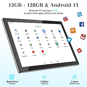 PEICHENG 2 in 1 Tablet, Android 13 Tablets 12GB RAM 128GB ROM 10 inch Tablet with Keyboard, 2.0Ghz Processor, 5Ghz/WiFi 6, Bluetooth 5.0, 10 Hours Battery Life, IPS Screen Tablet Pc, Black