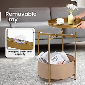 Luwesde Round Side Table, Gold End Table with Storage Basket, Metal Night Stand with Removable Tray, Small Bedside Table for Living Room, Bedroom, Nursery (Gold)