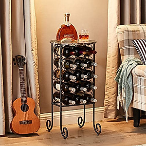 VECELO Metal Wine Rack Console Table, Freestanding Floor Bottles Organizer & Display Shelf with Faux Marble Finish Top, for Bar Kitchen Dining Living Room, Small Spaces, Holds 15, Black