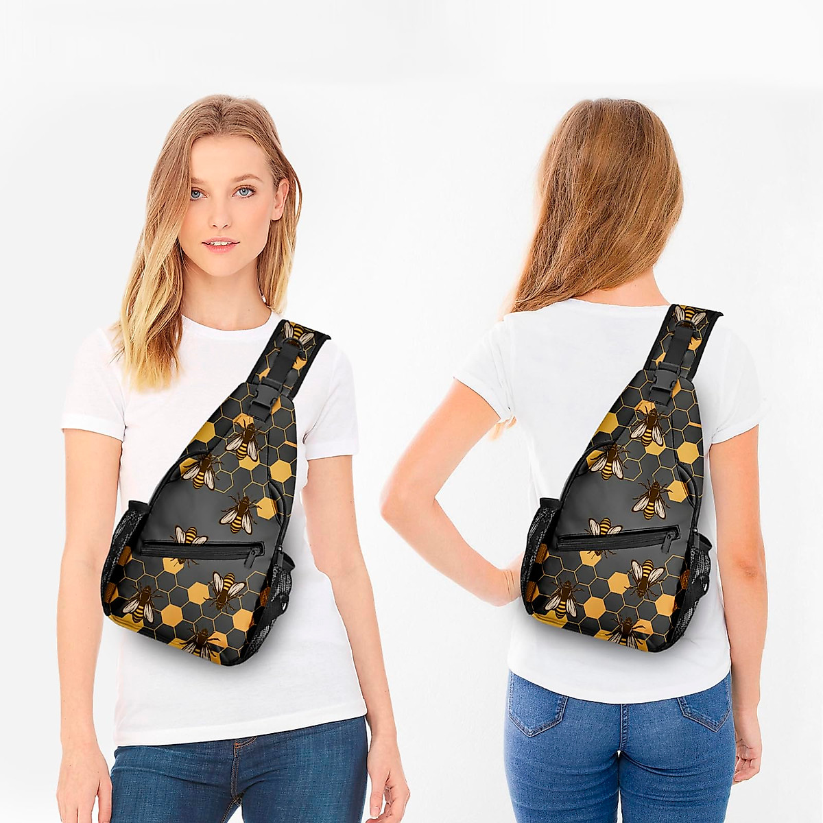 FyLybois Honeycomb Bee Sling Bag Crossbody Travel Hiking Bags Mini Chest Backpack Casual Shoulder Daypack for Women Men with Strap Lightweight Outdoor Sport Climbing Runners