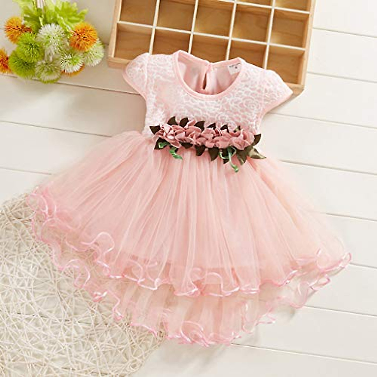 Krogubis 0-2T Baby Girls Floral Lace Tulle Dresses Infant Kids Flower Wedding Bridesmaid Dress Birthday Party Pageant Dress (Pink, 12-18Months), 12-18 Months