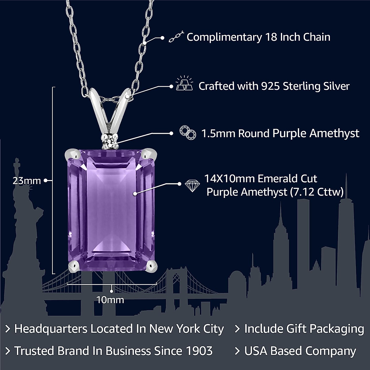 Gem Stone King 7.12 Cttw Purple Amethyst Pendant Necklace For Women In 925 Sterling Silver | Gemstone February Birthstone | Emerald Cut 14X10MM | With 18 Inch Silver Chain
