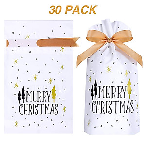Frienda 30 Pack Treat Bags with Drawstring Candy Bags, Merry Christmas Tree Print Plastic Favor Bag Drawstring Cookie Bags for Christmas Wedding Party Birthday Engagement Holiday Favor