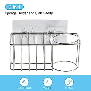 TKISZYZR Sponge Holder and Sink Caddy, 2 in 1 Kitchen Brush Holder No Drilling with Adhesives, Stainless Steel Rustproof Sponge Caddy for Kitchen Sink, Waterproof Sturdy Sink Organizer Rack Basket
