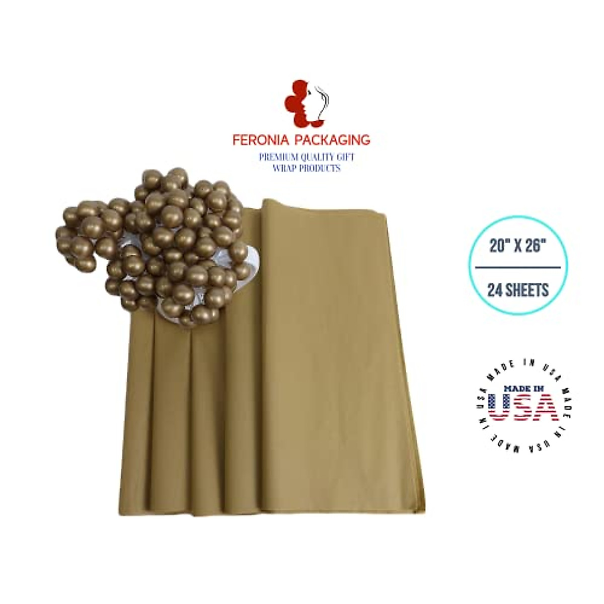 Antique Gold Tissue Paper Squares, Bulk 24 Sheets, Premium Gift Wrap and Art Supplies for Birthdays, Holidays, or Presents by Feronia packaging, Large 20 Inch x 26 Inch