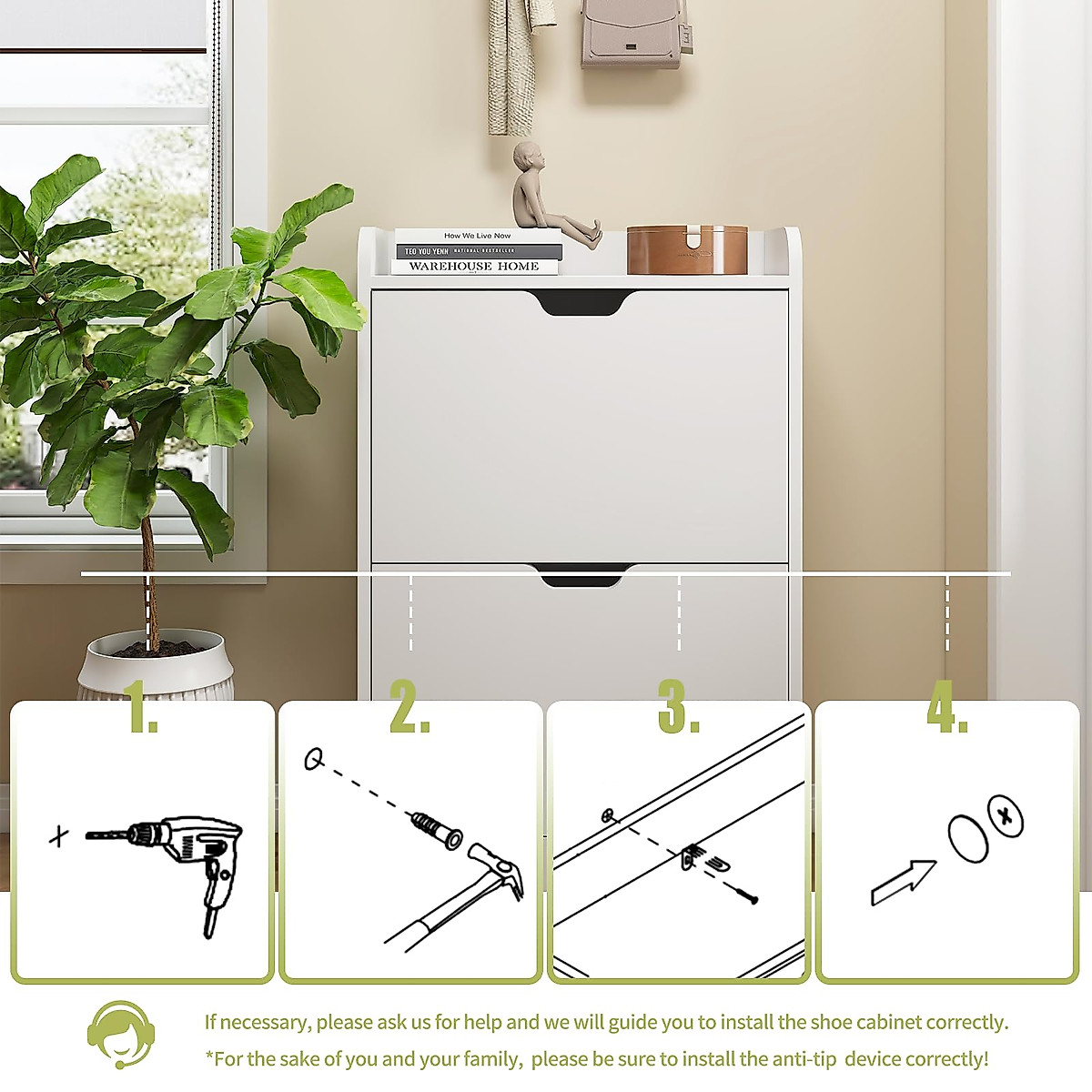 KUMIUNION Shoe Storage Cabinet with 2 Flip Drawers, Slim Freestanding Storage Racks for Entryway, Hallway, Hidden Narrow Shoe Organizers Perfect for Heels, Boots, Slippers, White with Shelf