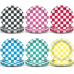 48Pcs Colorful Checkered Plates Race Car Theme Party Supplies Gingham Paper Plates for Bachelorette Bridal Shower Birthday Party Decorations Carnival Fiesta Decor Colorful Plaid Tableware