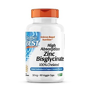 Doctor's Best High Absorption Zinc Bisglycinate 50mg High Potency Supporting Enhancing Immune System Antioxidant VC, 90 Count