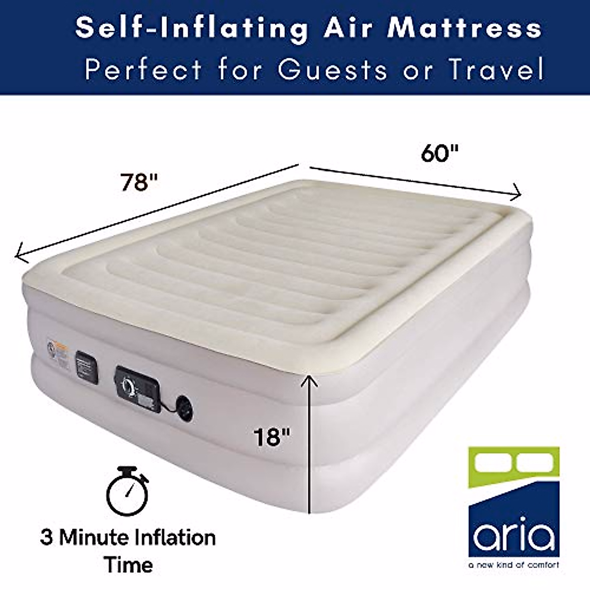 Aria Queen Inflatable Air Mattress with ConstantComfort Built-in Pump, Self-Inflating Air Bed Maintains Selected Firmness for Luxurious All-Night Sleep Comfort