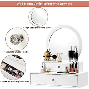 Byroce Vanity Mirror, Space-Saving Wall Mounted & Table Placed Makeup Vanity Mirror, Floating Vanity Shelves with 2 Removable Drawers for Hallway, Sink, Bathroom (White)