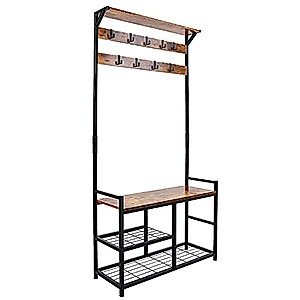 HOMEKOKO Coat Rack Shoe Bench, Hall Tree Entryway Storage Bench, Wood Look Accent Furniture with Metal Frame, 3-in-1 Design (Rustic Brown)