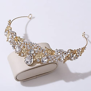 QIAIYALA Wedding Tiaras for Bride Gold Crystal Princess Small Crown Bridal Headband Birthday Leaf Hair Accessories