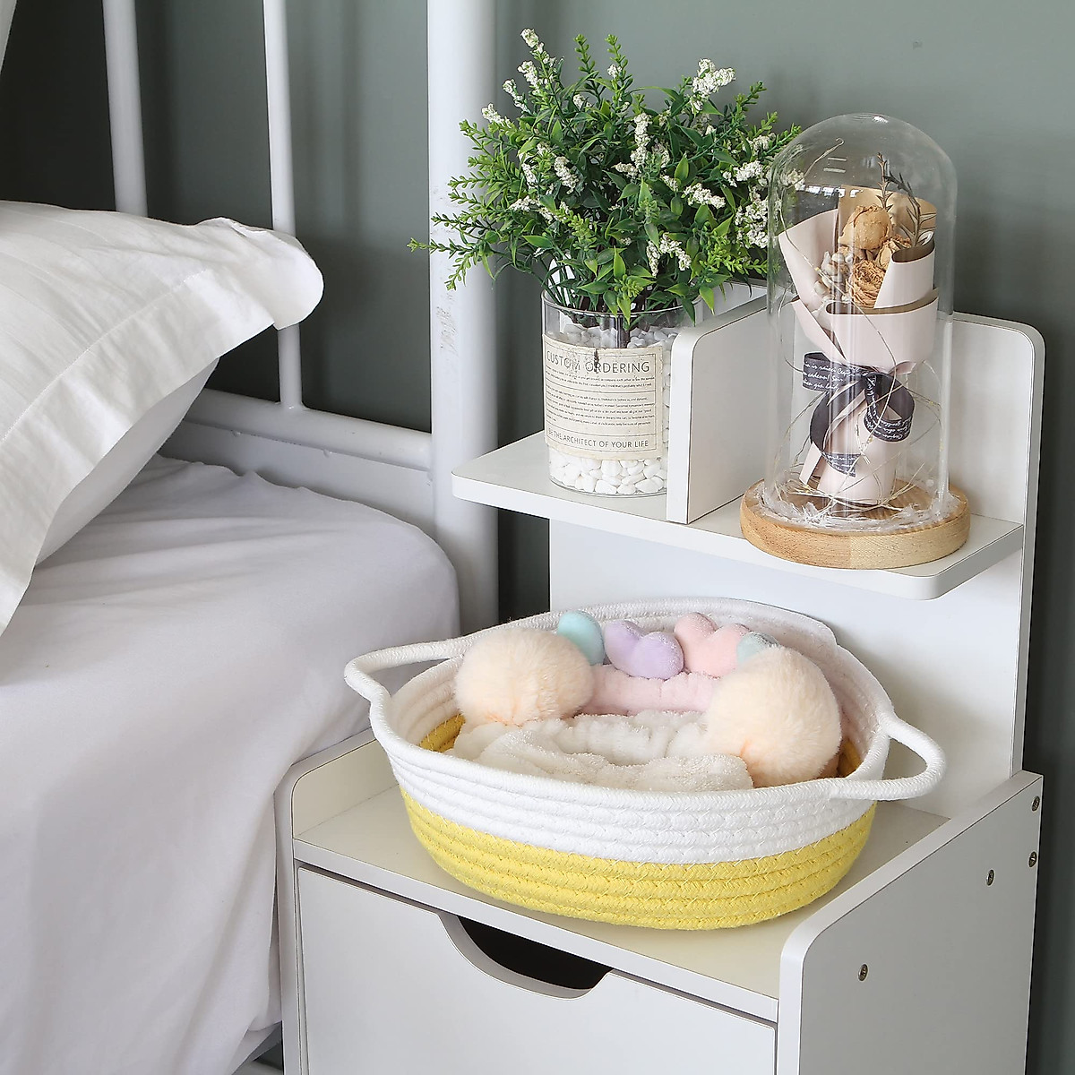 Sea Team 2-Pack Cotton Rope Baskets, 10 x 3 Inches Small Woven Storage Basket, Fabric Tray, Bowl, Round Open Dish for Fruits, Jewelry, Keys, Sewing Kits (Yellow & White)