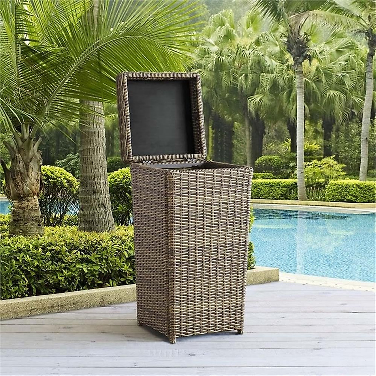 Afuera Living Modern Wicker Patio Trash Can in Weathered Brown