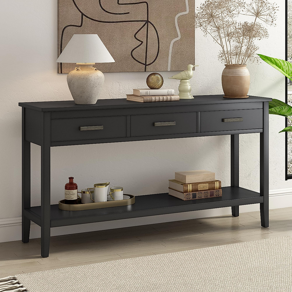 VilroCaz Modern Console Table Sofa Table with 3-Drawer and 1 Bottom Shelf, 59'' Long Solid Wood Sideboard Entrance Table for Entryway Hallway Living Room Foyer Corridor (Black-P1)