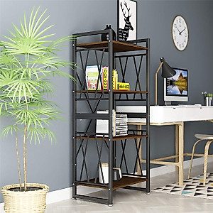 DEWEL Bookshelf 4 Tier Bookcase Shelf Storage Organizer Display Rack Modern Wood and Metal Shelves Open Standing Furniture for Home Office Study Kitchen - Elm Brown