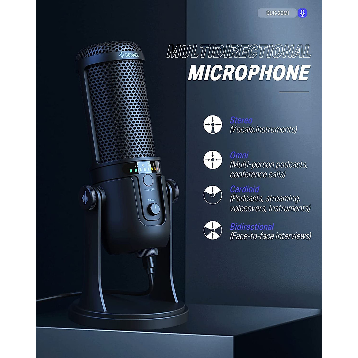 Donner USB Condenser Microphone for PC, PS4/5, USB Microphone with Instrument Interface for Gaming Recording Streaming Podcasting, 4 Pickup Patterns, Compatible with Major Live Broadcast Software