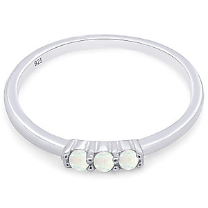 AFFY Three Stone Ring, 1.5MM Round Cut Created Opal Dainty Stackable Engagement Ring In 14k White Gold Plated 925 Sterling Silver Jewelry For Her Ring Size -7