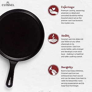 Cuisinel Cast Iron Round Griddle - 10.5" Crepe Maker Pan + Silicone Handle Cover - Pre-Seasoned Comal for Tortillas Flat Skillet - Dosa Tawa Roti Grill - Use: Oven, Stove, BBQ, Fire, Smoker, Induction