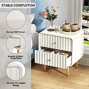 HLR Modern Nightstand Set of 2, Fluted Bed Side Table with 2 Drawers Storage, Wood End Table with Gold Metal Handle, White Night Stands for Bedroom