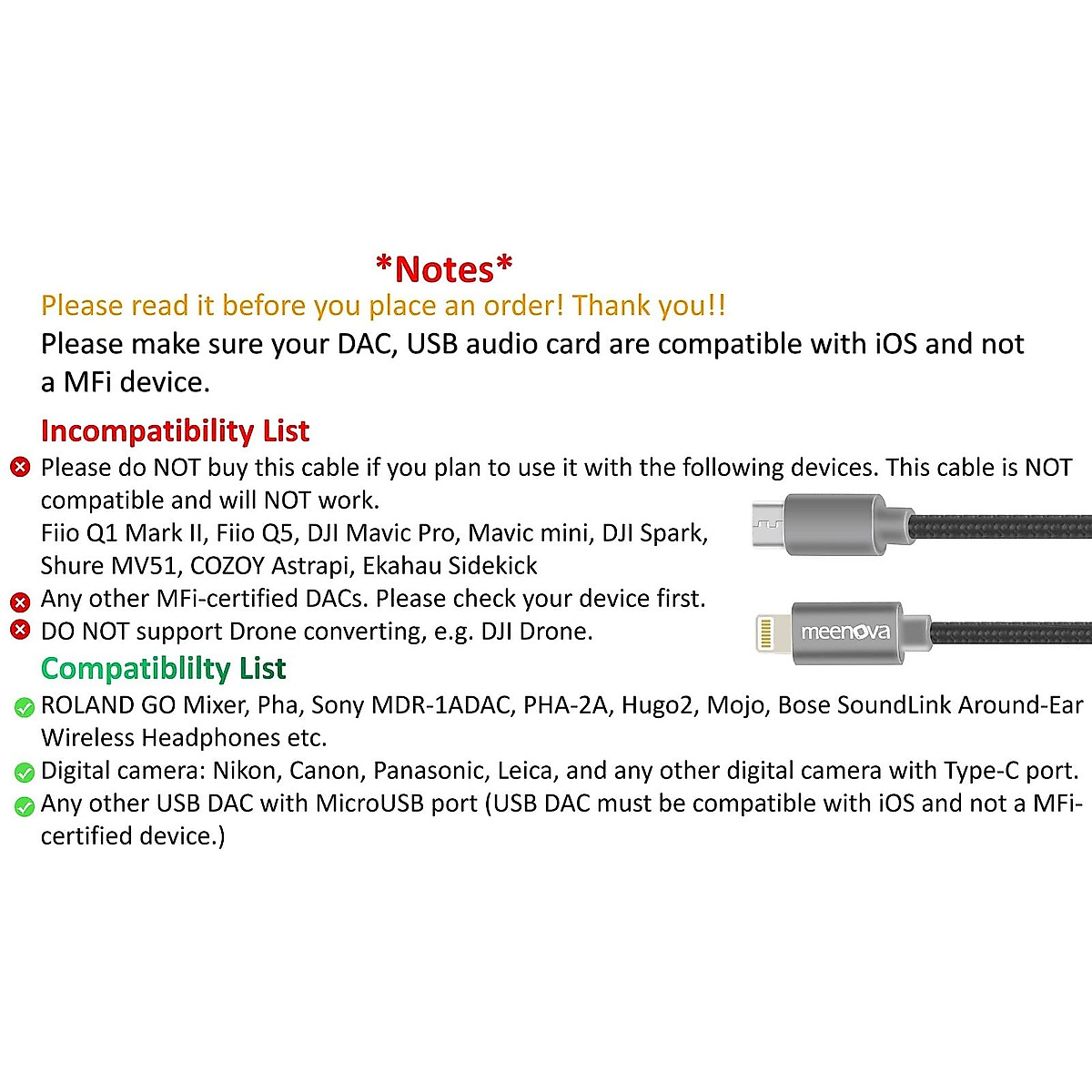 Meenova 8 pin-to-MicroUSB DAC OTG Cable for iPhone/iPad/iPod Chord Mojo Hugo2 Pha3 Fiio HiFi Oppo HA2 K5, Sony MDR-1ADAC, Roland GO Mixer, iRig HD2, Nikon Digital Camera,Transfer Photos, 15cm 0.5ft